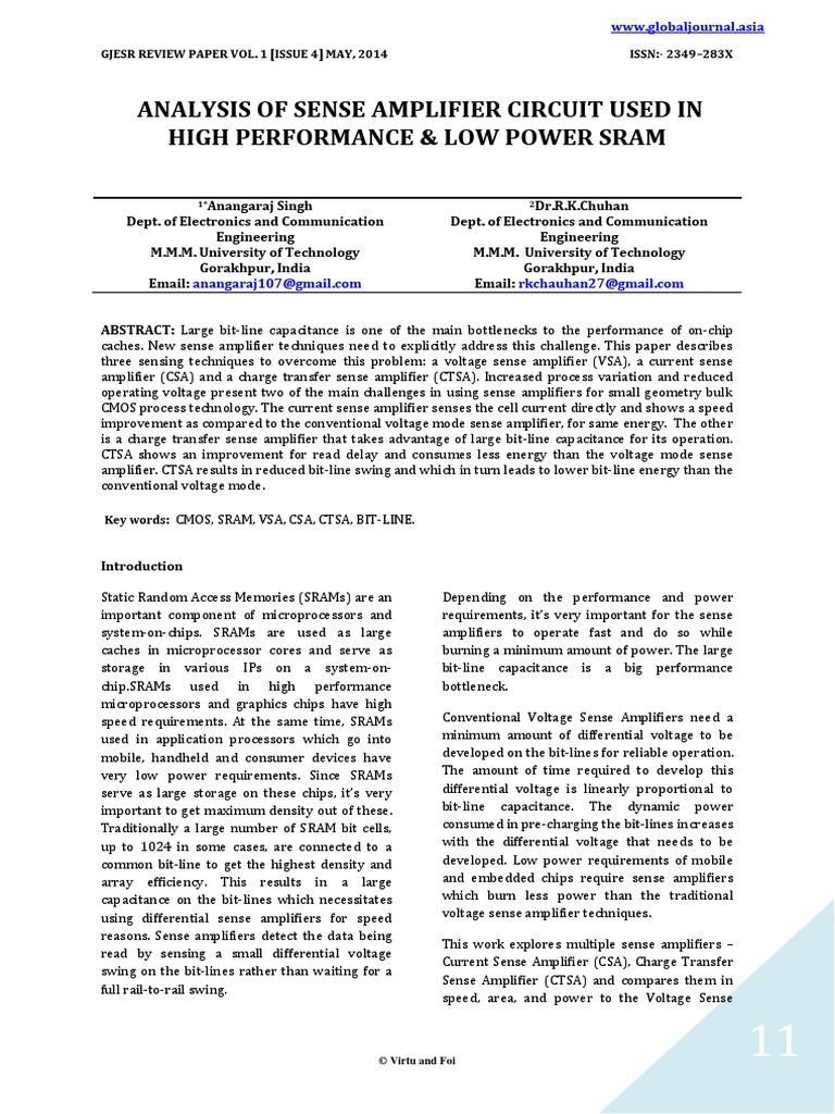 Analysis of Sense Amplifier Circuit Used in High Performance & Low Power Sram | PDF | Random ...