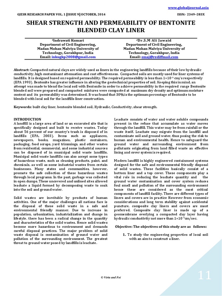 Shear Strength and Permeability of Bentonite Blended Clay Liner | PDF ...