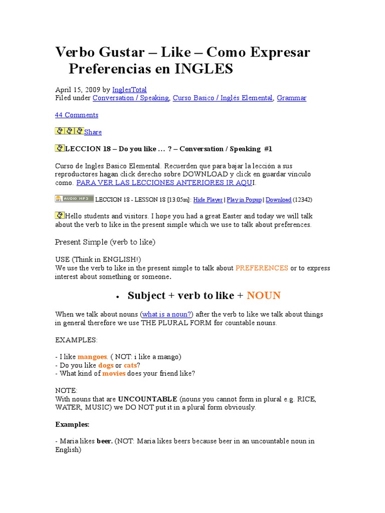Verbo Gustar - Like - Como Expresar Preferencias en INGLES: Subject ...