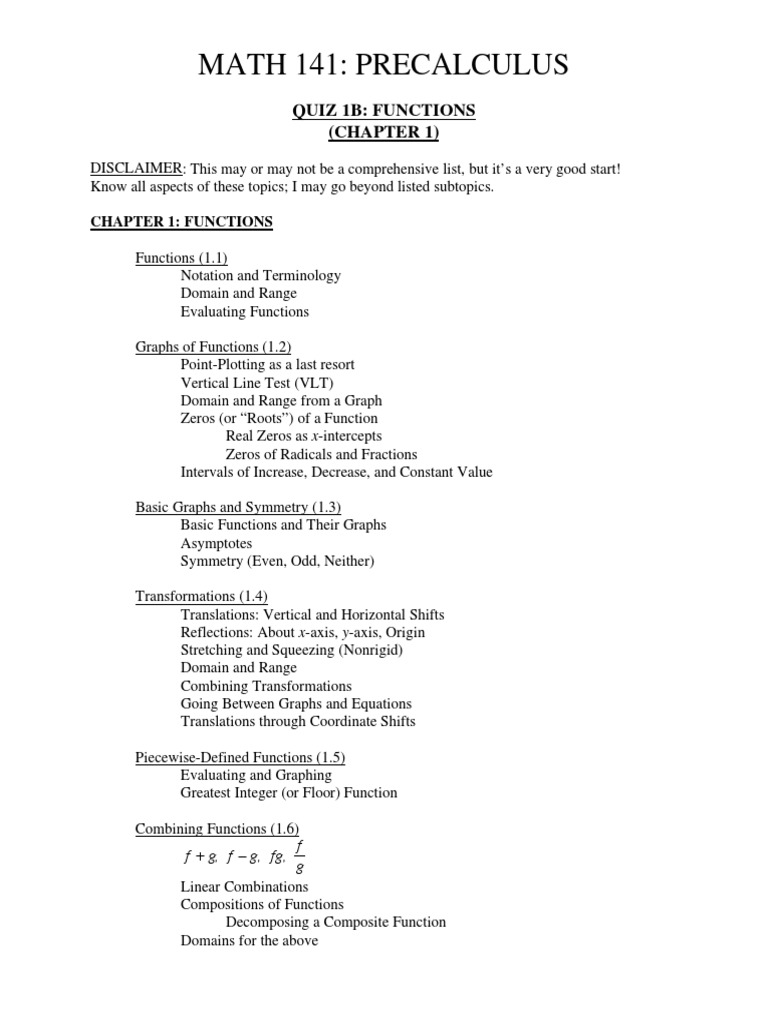 Math 141: Precalculus: Quiz 1B: Functions (Chapter 1) | PDF