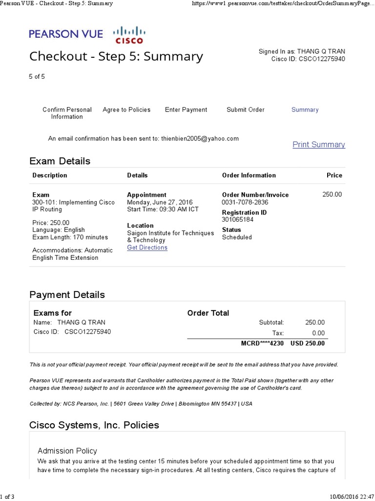 Pearson VUE - Checkout - Step 5_ Summary.pdf | Identity Document | Test ...