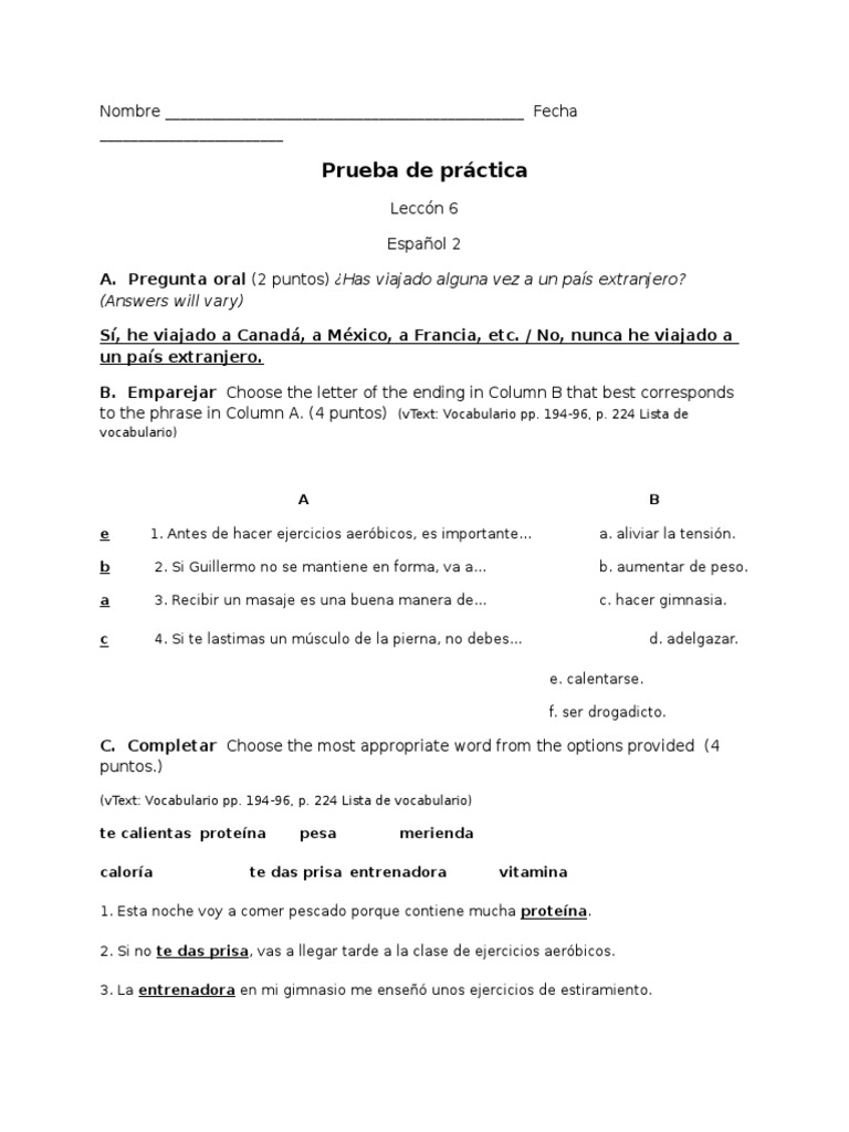 Prueba de práctica Lección 6 Español 2 | PDF