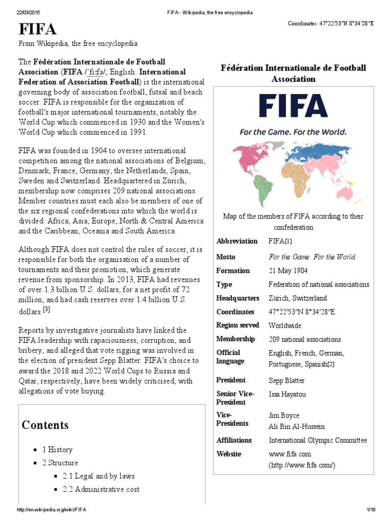 FIFA - Wikipedia, The Free Encyclopedia | Fifa | Association Football