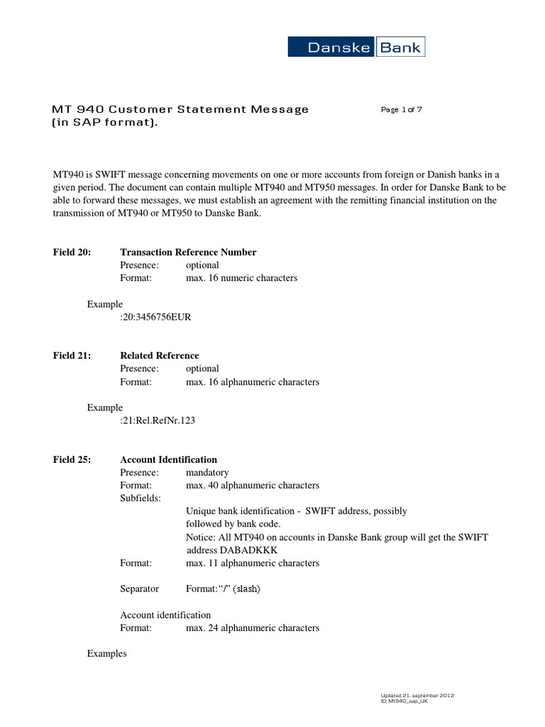 MT940 SWIFT Message Guide | PDF | Business