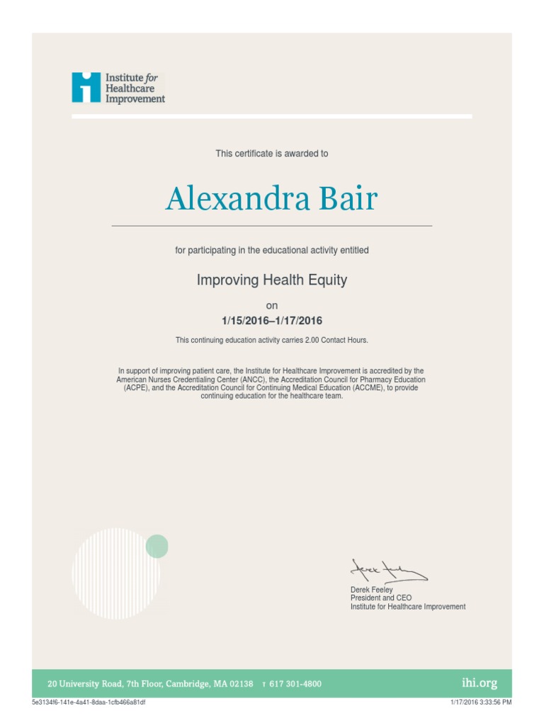 Ihi Certificate - Improving Health Equity 1-15-16 | PDF | Self ...