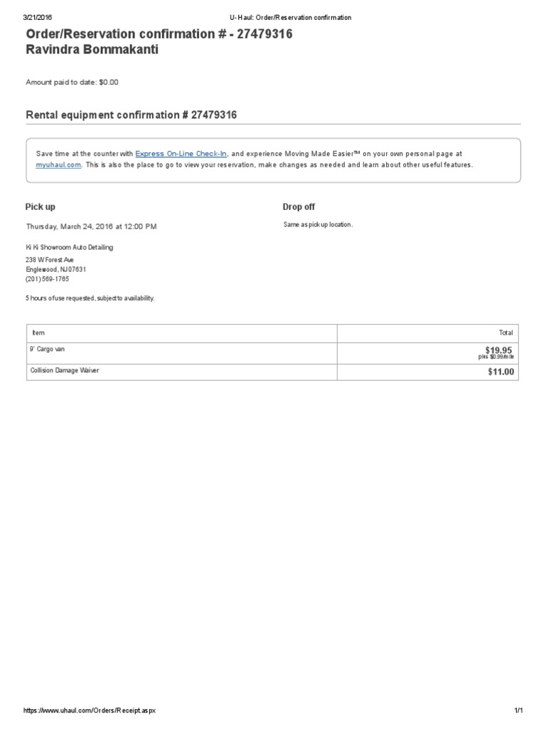 U-Haul Order Reservation Confirmation | PDF