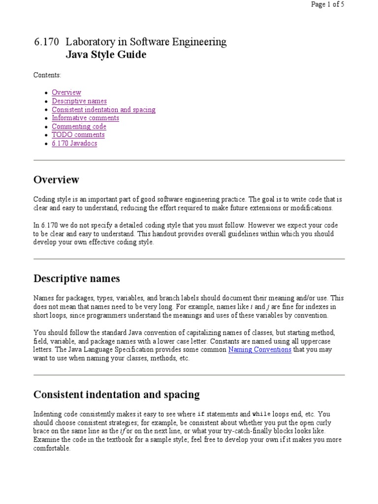 Java Style Guide: 6.170 Laboratory in Software Engineering | PDF | Html ...
