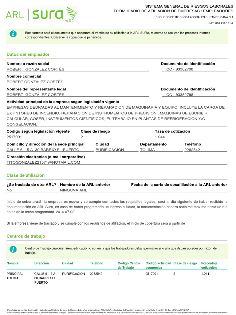 Formulario Afiliacion Arl Sura PDF | PDF | Derecho laboral | Seguro