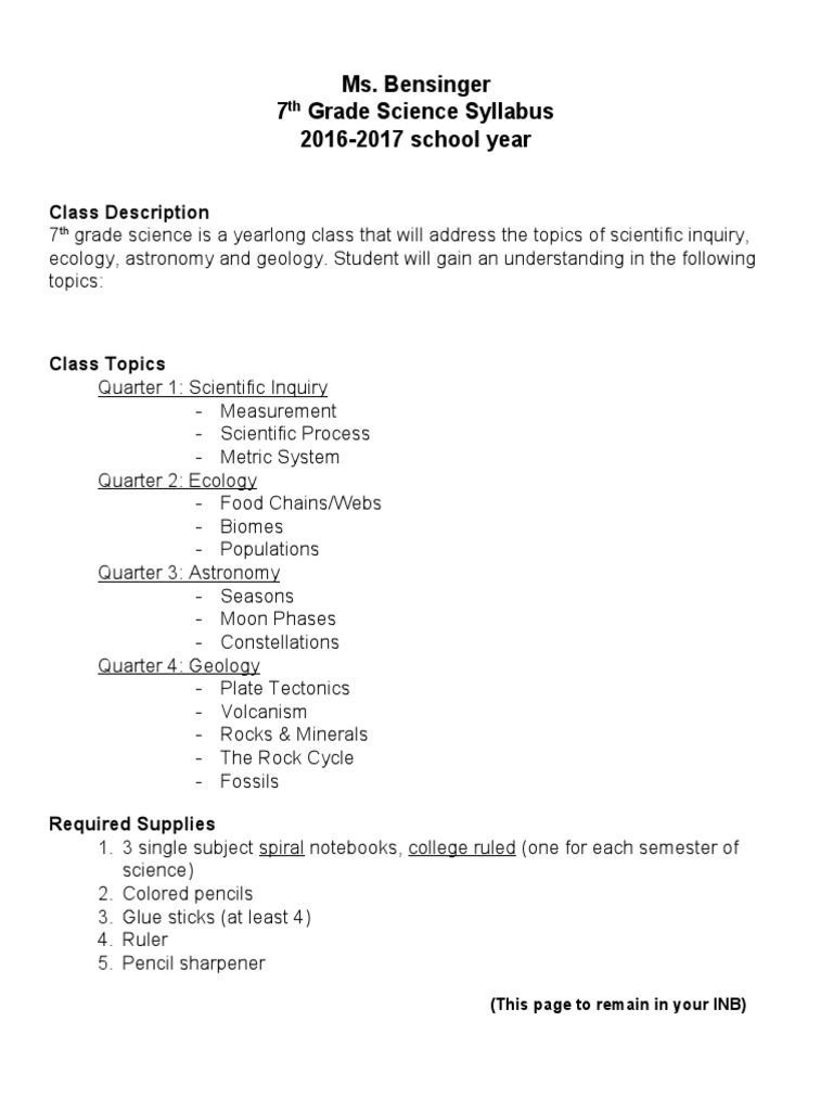7th Grade Science Syllabus 2016-2017 | PDF | Social Science