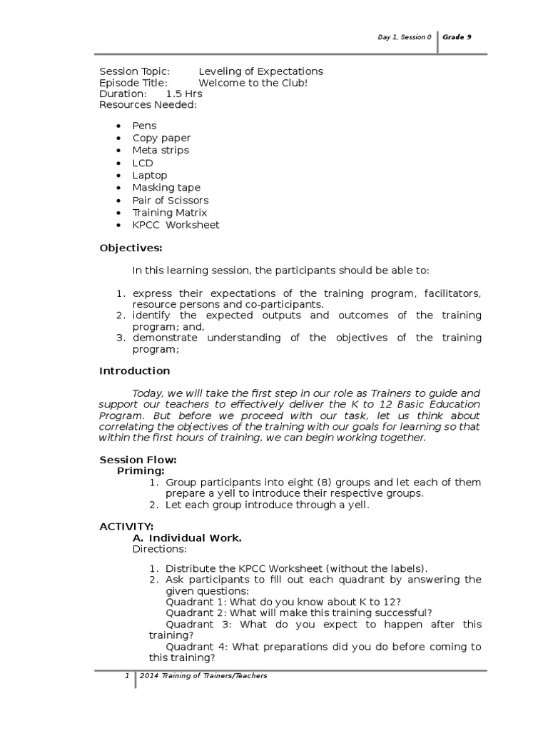 Session 0 Leveling of Expectations Grade 9 | PDF | Facilitator ...