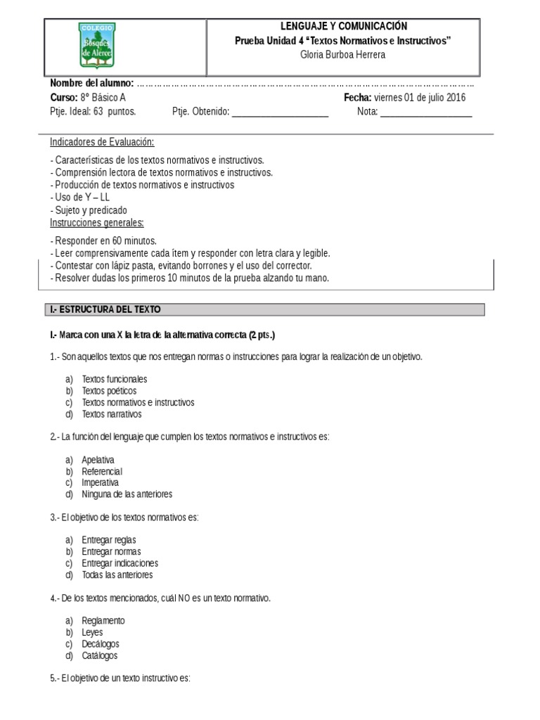 8° Prueba Textos Normativos | PDF | Lingüística