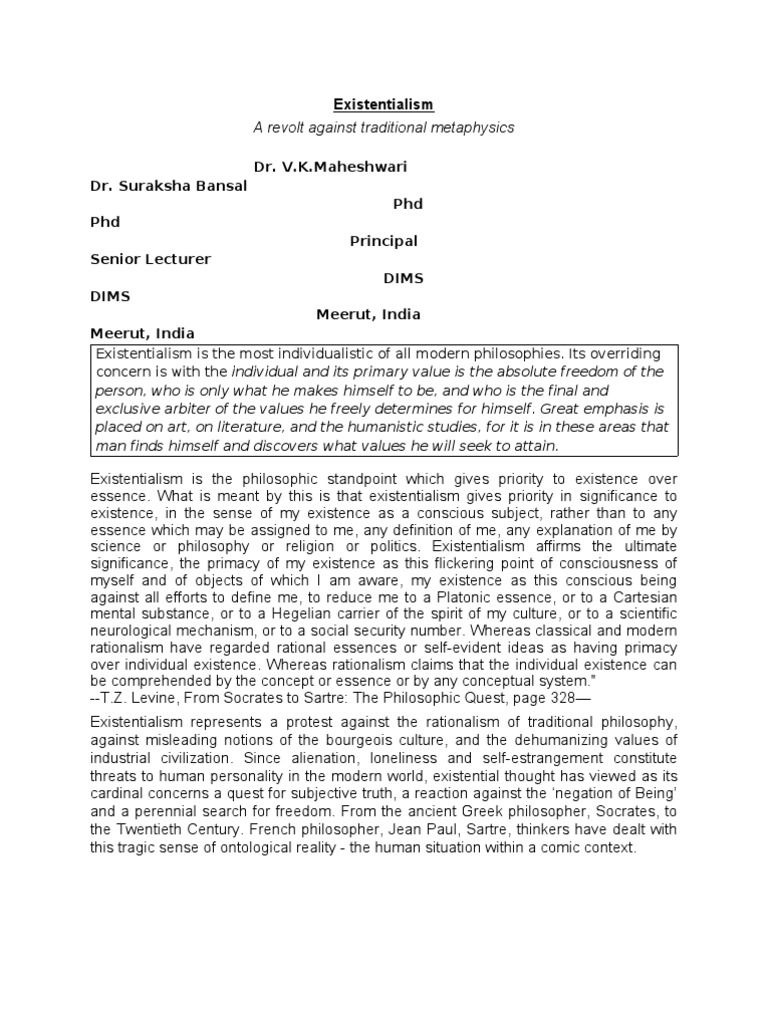 Existentialism - A Revolt Against Traditional Metaphysics | PDF ...