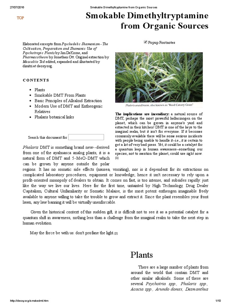 Smokable Dimethyltryptamine From Organic Sources | PDF | Alkaloid | Acid