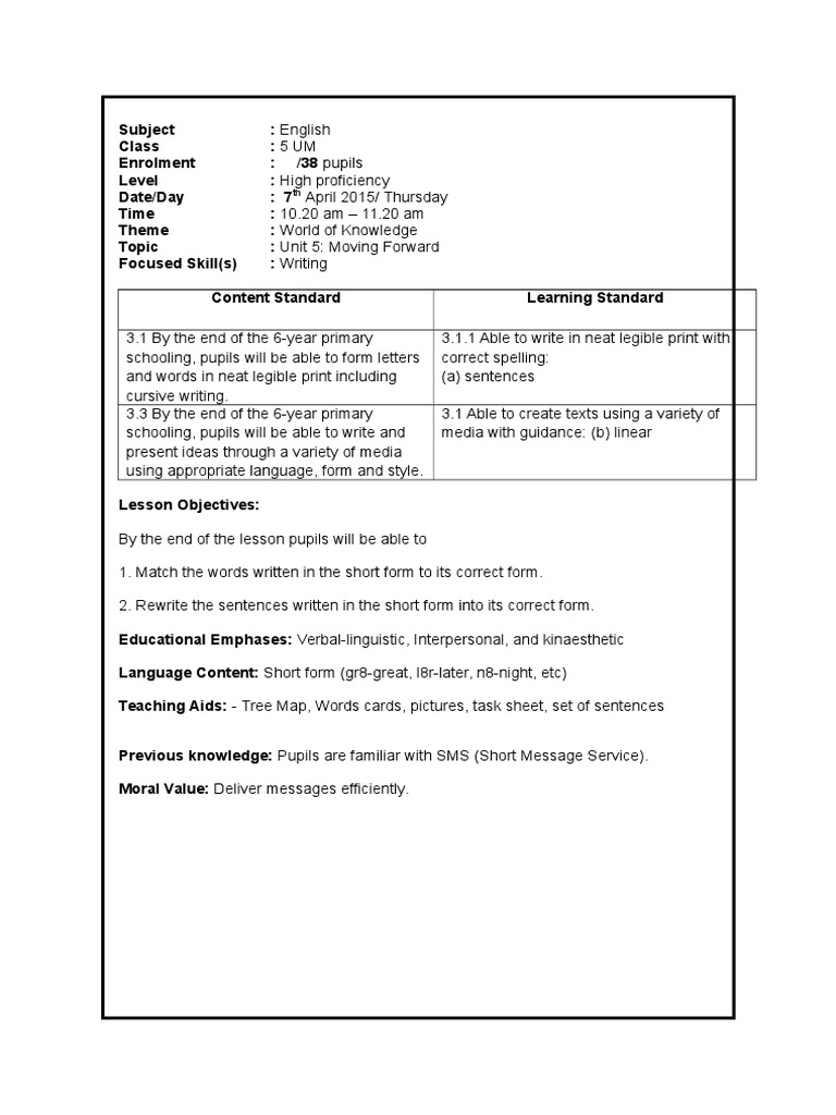 Lesson Plan Year 5 (Writing= Moving forward) | Lesson Plan | Cognitive ...