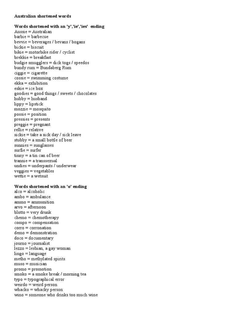 Australian Shortened Words | PDF | Cooking, Food & Wine | Language Arts ...