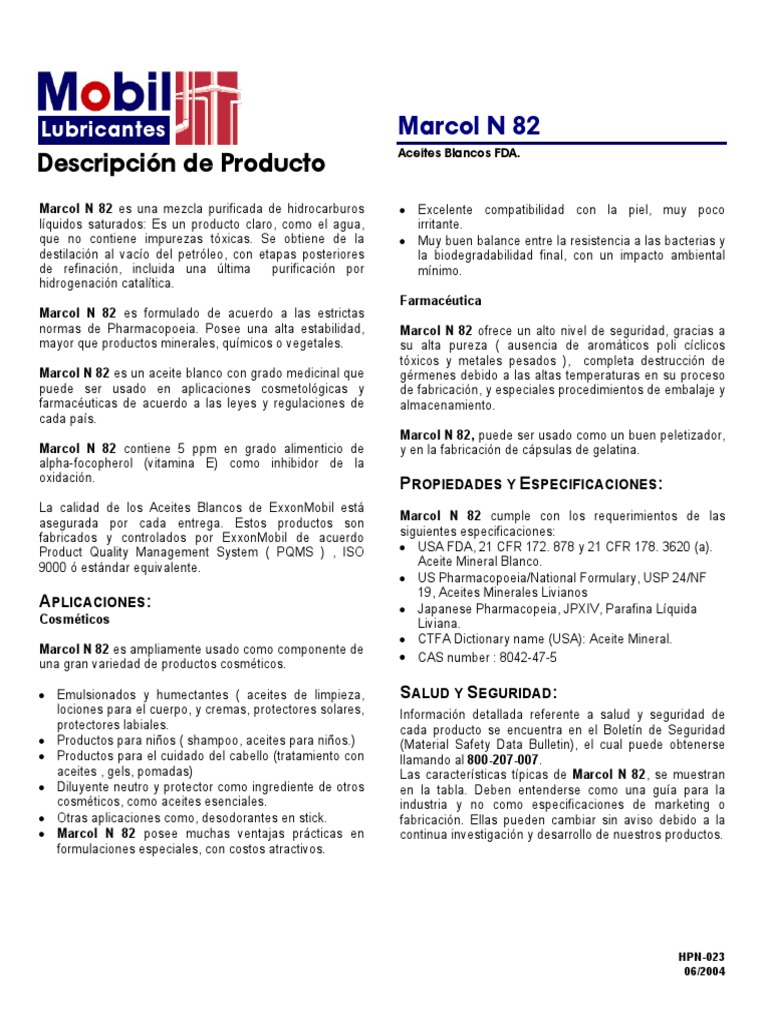 Marcol N 82 | PDF | Petróleo | Productos cosméticos