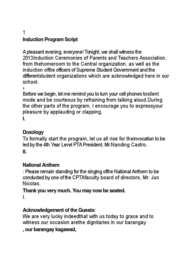Induction Ceremony Program Script | PDF | Travel | Foreign Language Studies