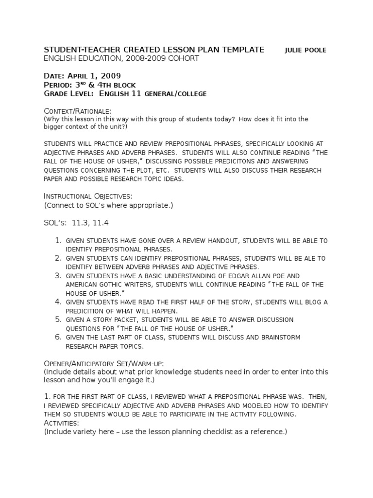 Adjective Adverb Phrase Lesson Plan Pdf Adverb Preposition And