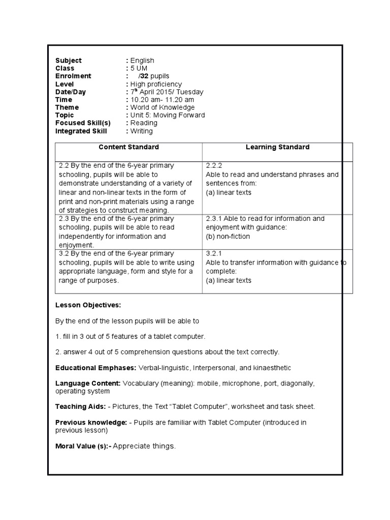 Lesson Plan Year 5 (Reading Moving Forward) | PDF | Reading ...