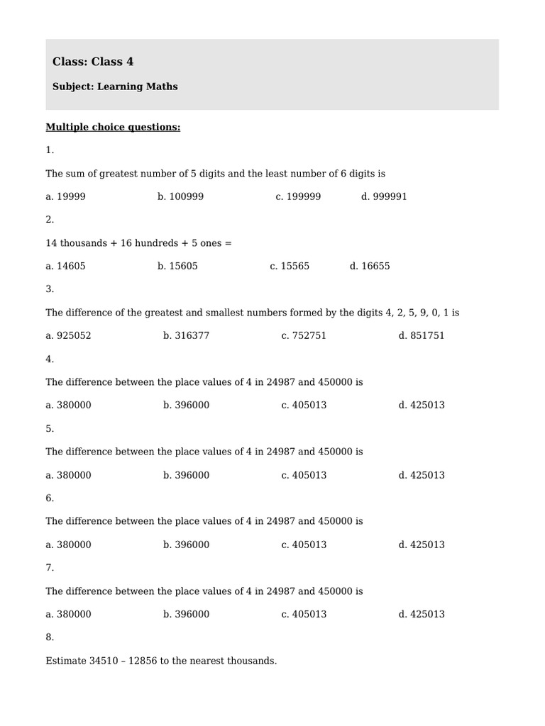 Class 4 Addition and Subtraction | Subtraction | Arithmetic