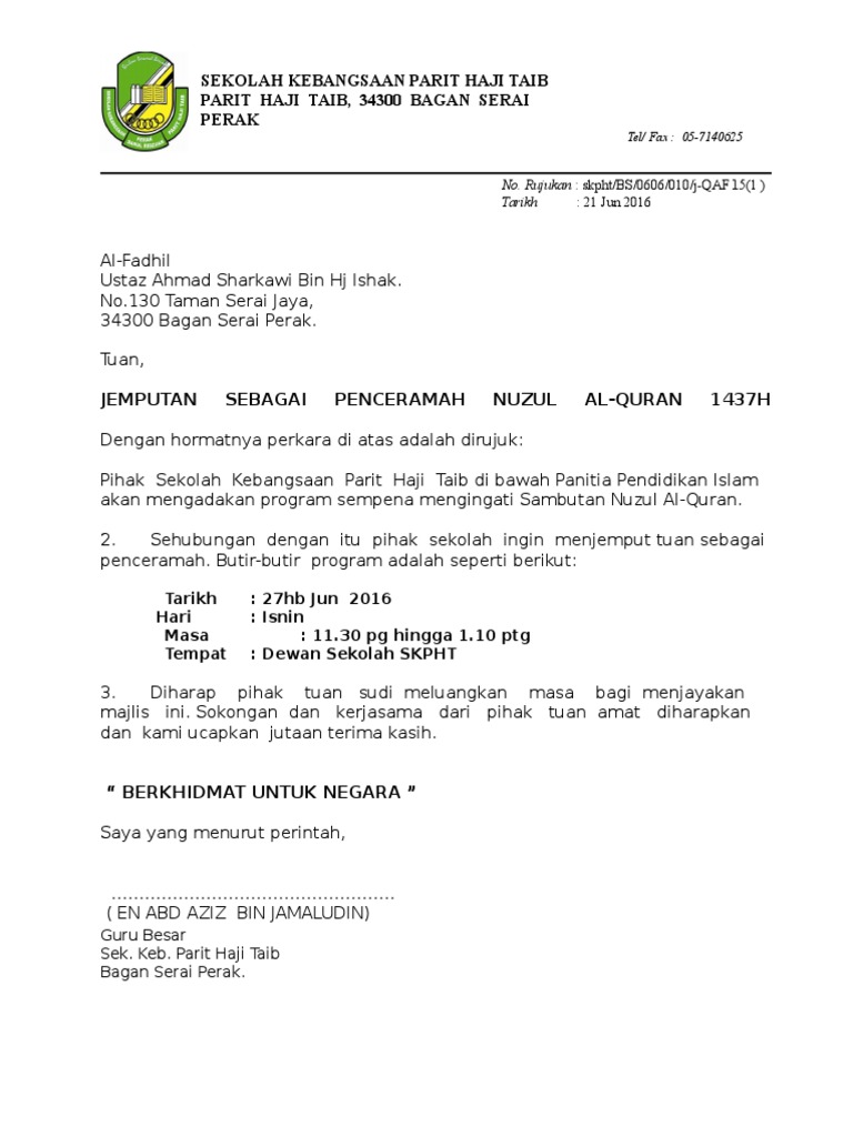 Surat Jemputan Penceramah Nuzul Quran 2016 | PDF