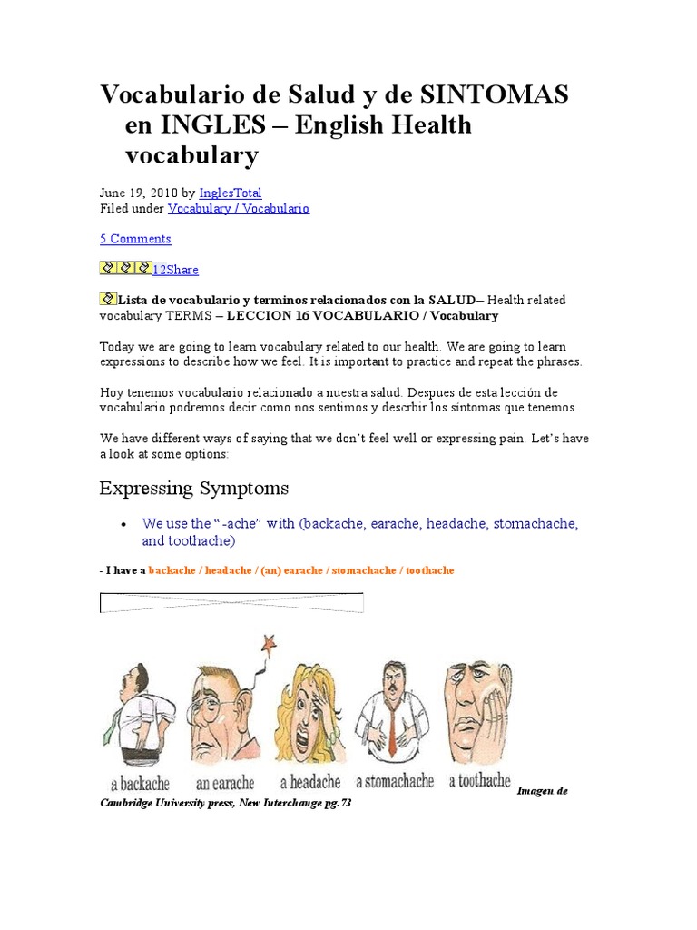 Vocabulary - Vocabulario de Salud y de Sintomas en Ingles | Physician ...