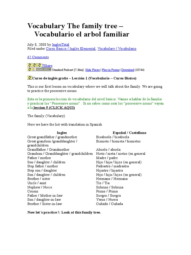 Vocabulary LESSON 1 - The Family Tree | PDF