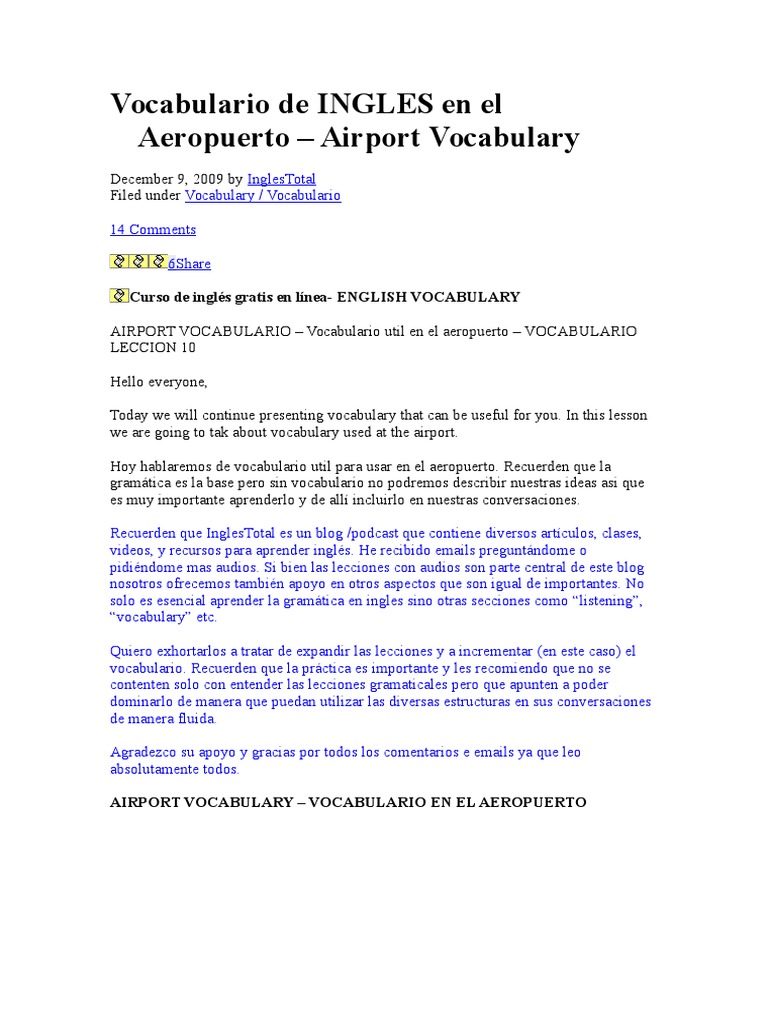 VOCABULARY - Vocabulario de INGLES en El Aeropuerto | PDF | Aviación ...