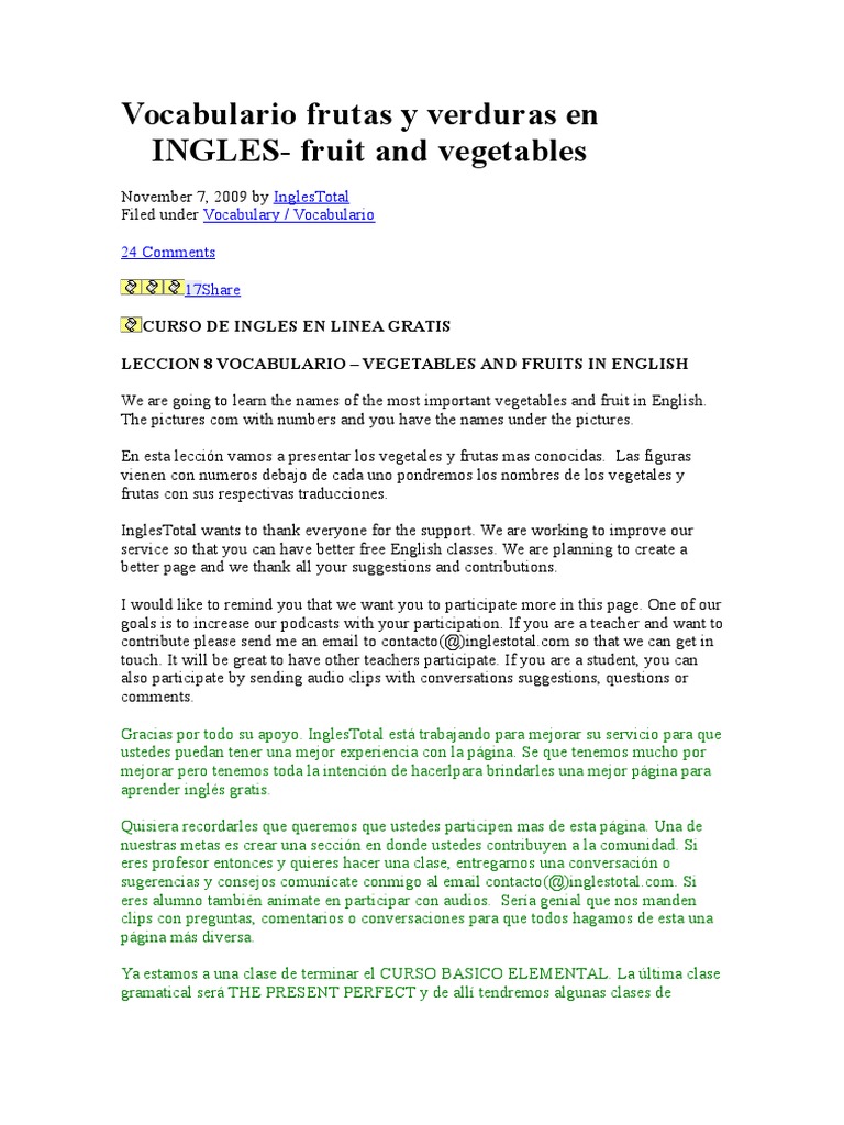 VOCABULARY - Vocabulario Frutas y Verduras en INGLES | PDF | Baya | Fruta