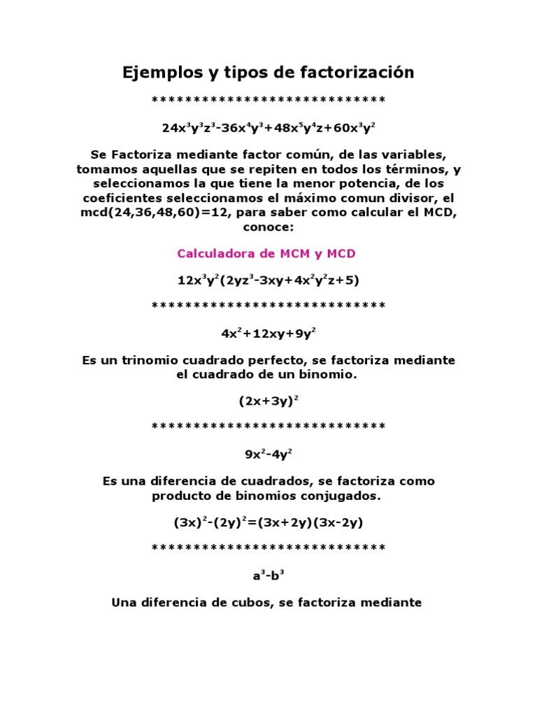Ejemplos y tipos de factorización