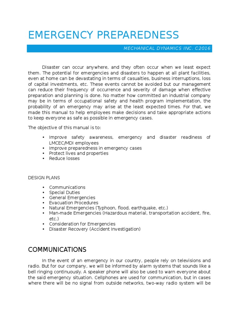 Emergency Preparedness Manual | Emergency Management | Emergency