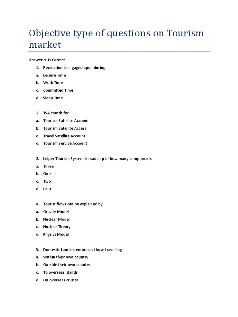 Objective Tourism MCQs and Answers | PDF | Tourism | Earth