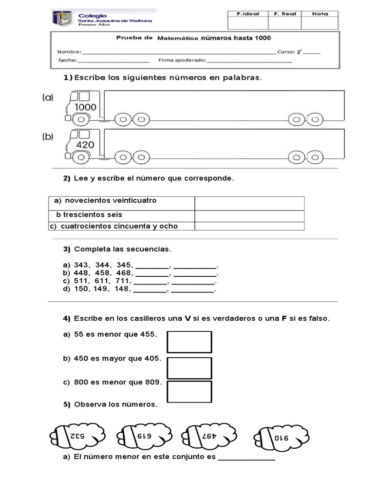 Prueba de Matemática Hasta 1000 | PDF