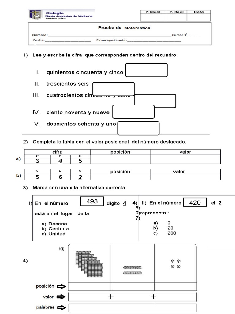 Prueba Numeración Valor Posicional 600 | PDF