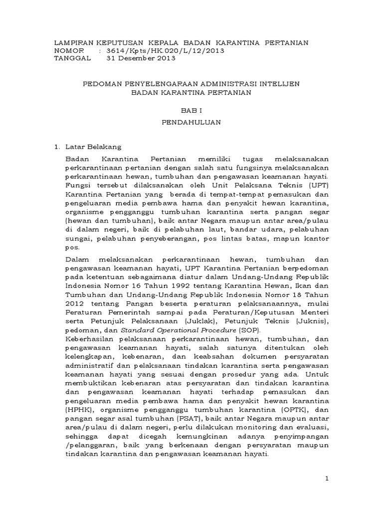 Kep - Barantan - Pedomanpenyelengaraan Administrasibadan Karantina Pertanian in | PDF