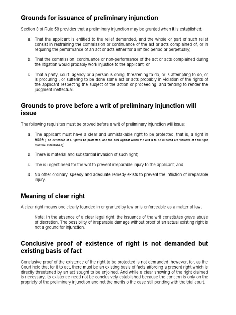 Grounds for Issuance of Preliminary Injunction | Ex Parte | Injunction ...