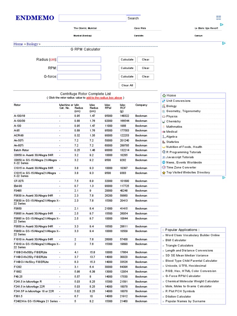 Centrifuge RPM to G-Force Calculator | PDF | Centrifuge | Mechanical ...