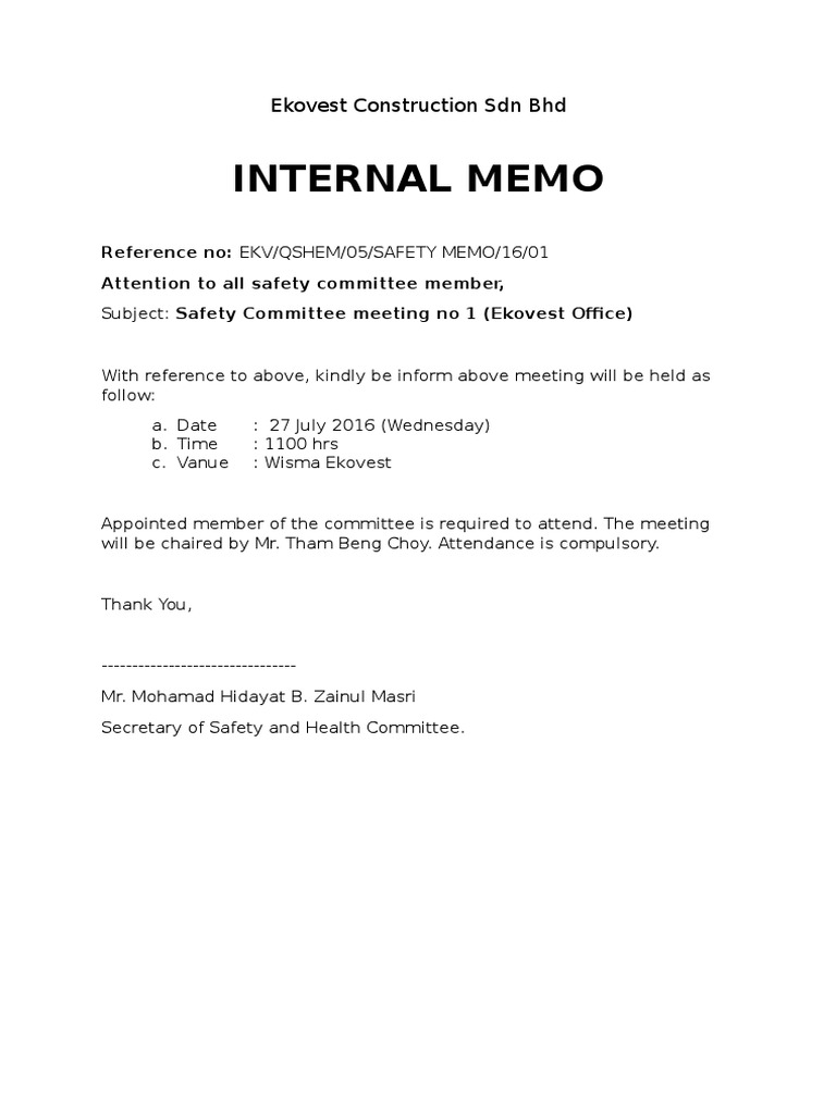 Safety Memos Samples