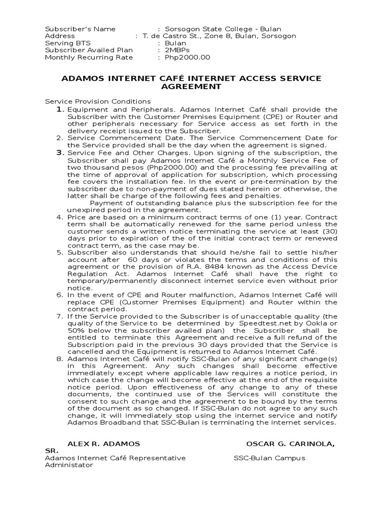 Adamos Internet Agreement | PDF | Subscription Business Model ...