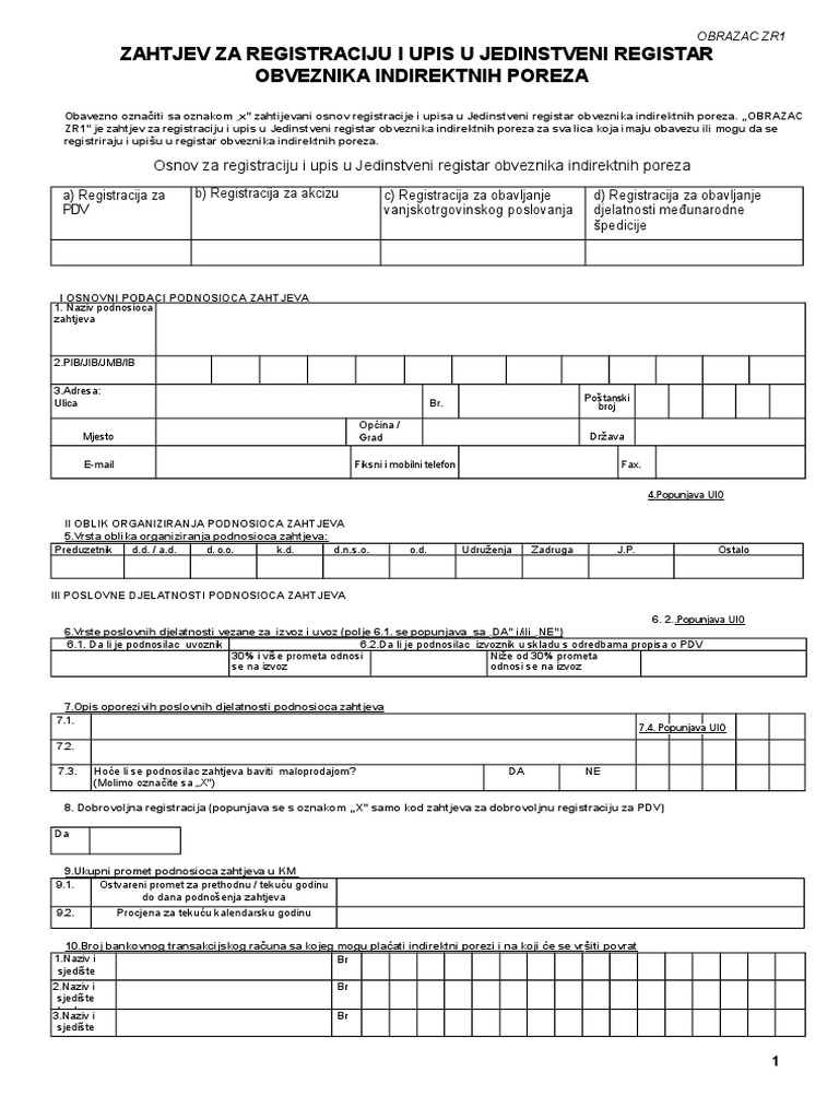 BOS Zahtjev Za Registraciju I Upis U Jedinstveni Registar Obveznika ...