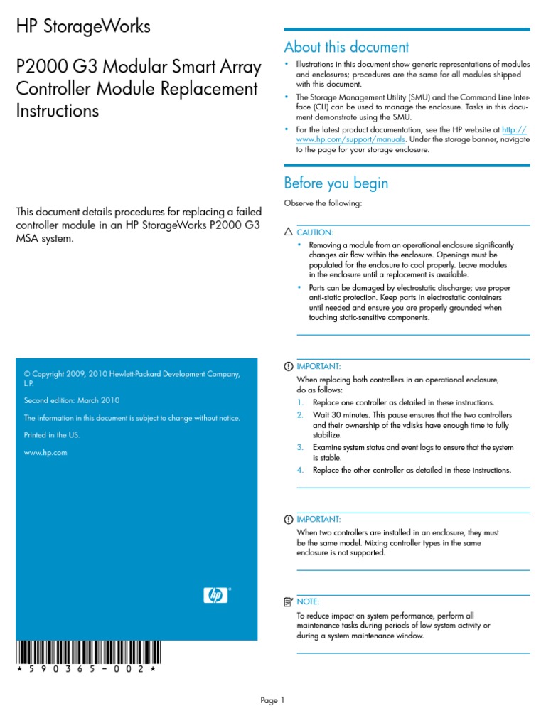 HP MSA P2000 G3 Modular Smart Array Controller Module Replacement ...