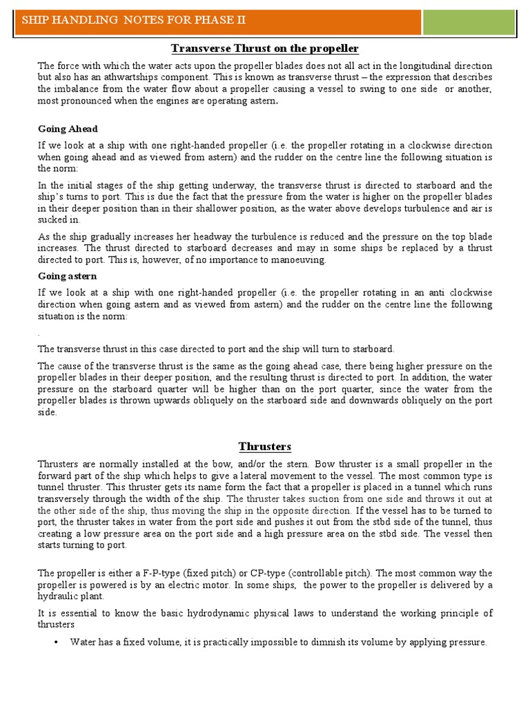 Ship Handling: Transverse Thrust & Thrusters | PDF | Propeller | Ships