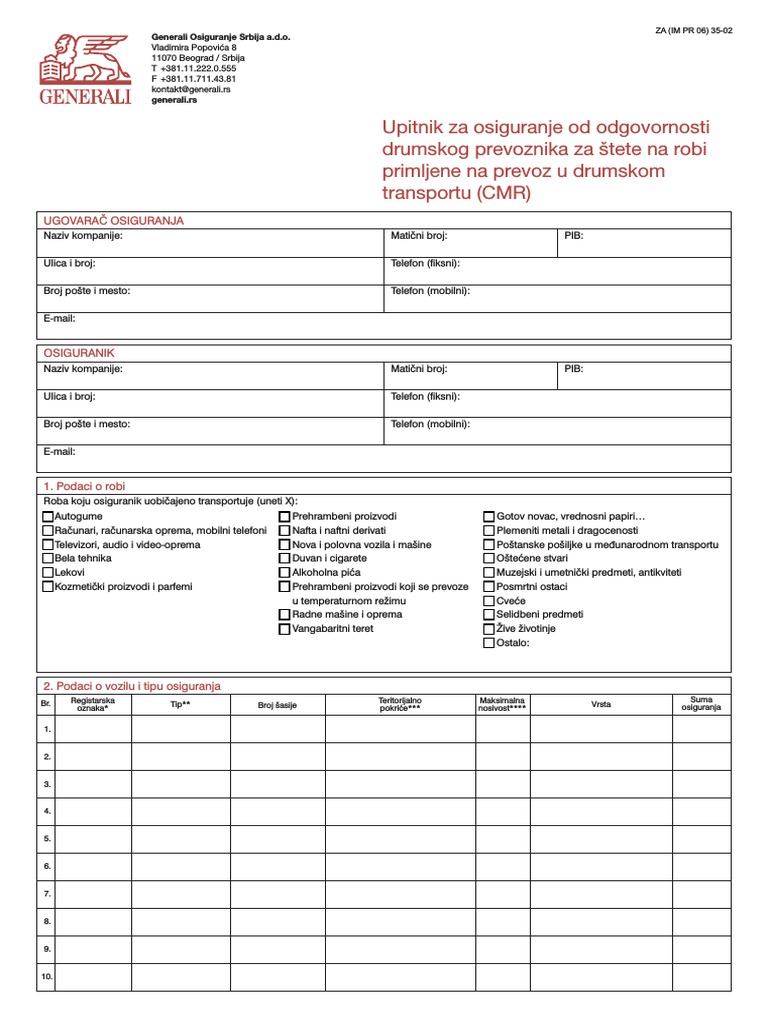 ZA (IM PR 06) 35-02 UPITNIK Za Osiguranje Od Odgovornosti Drumskog Prevo... | PDF