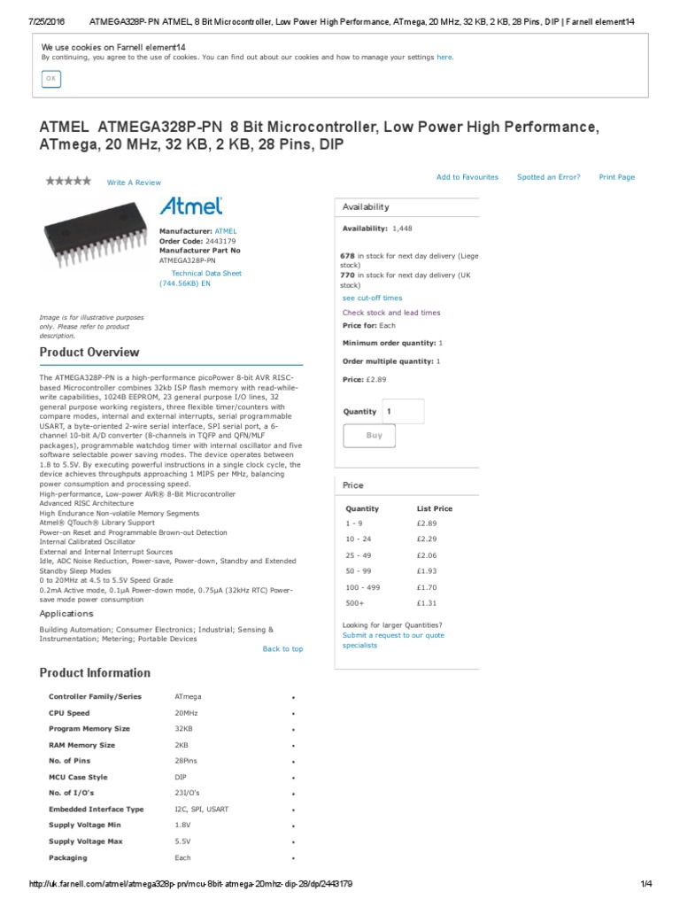 ATMEGA328P-PN ATMEL, 8 Bit Microcontroller, Low Power High Performance, ATmega, 20 MHZ, 32 KB, 2 ...