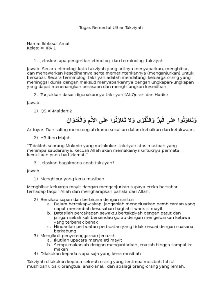 Tugas Remedial Ulhar Takziyah (IKHLASUL AMAL XI IPA 1) | PDF Tugas Remedial Ulhar Takziyah (IKHLASUL AMAL XI IPA 1) | PDF