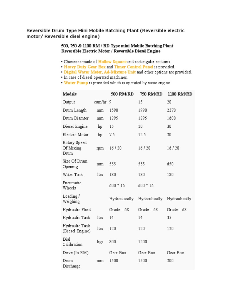 500, 750 & 1100 RM / RD Type Mini Mobile Batching Plant Reversible ...