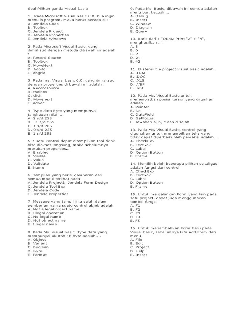 Soal Pilihan Ganda Visual Basic | PDF | Metode & Bahan Ajar | Seni