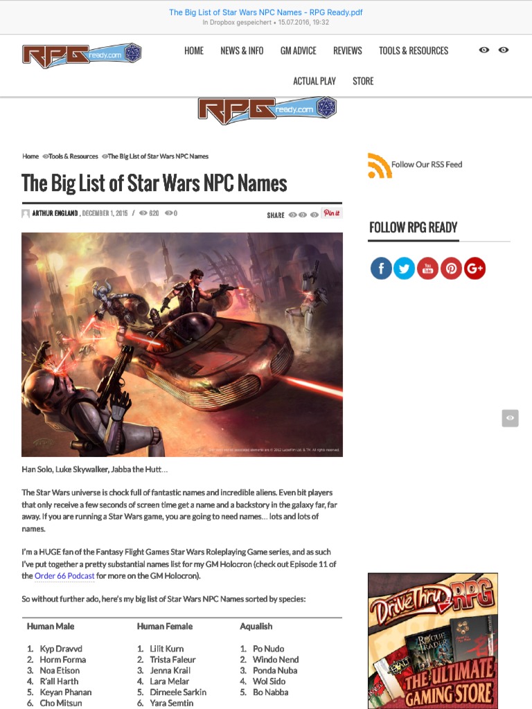 The Big List of Star Wars NPC Names - RPG Ready | PDF | Star Wars | Leisure