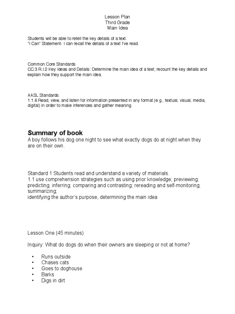 Third Grade Main Idea Lesson Plan | PDF | Lesson Plan | Reading ...