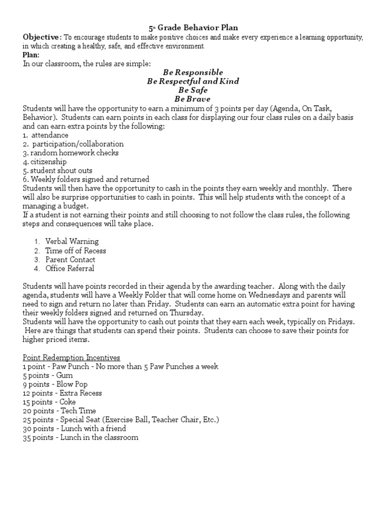 5th Grade Positive Behavior Plan | PDF